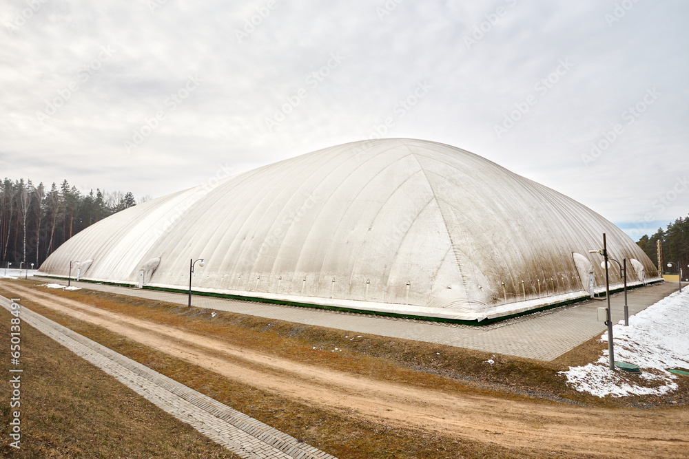 Inflatable air dome stadium. Inflated Football soccer air dome. Modern ...