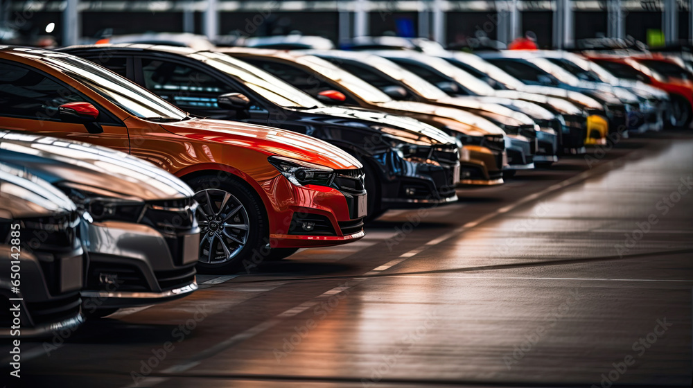 Automotive Industry, Cars Dealership Parking Lot. Rows of Brand New ...