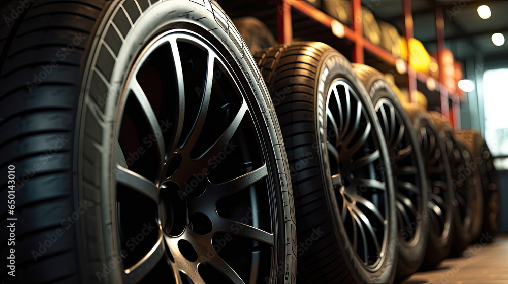 Car Tires. Tires in a tire store, Spare tire car. Generative Ai Stock Photo | Adobe Stock
