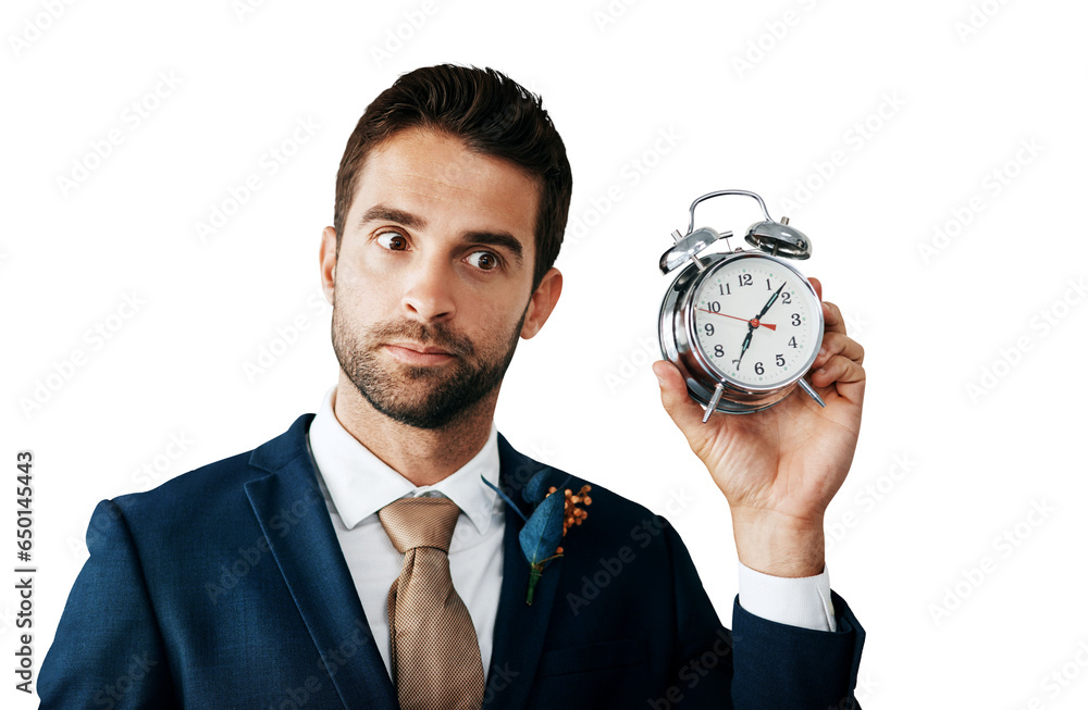 Thinking, groom and wedding with clock, countdown and stress isolated ...