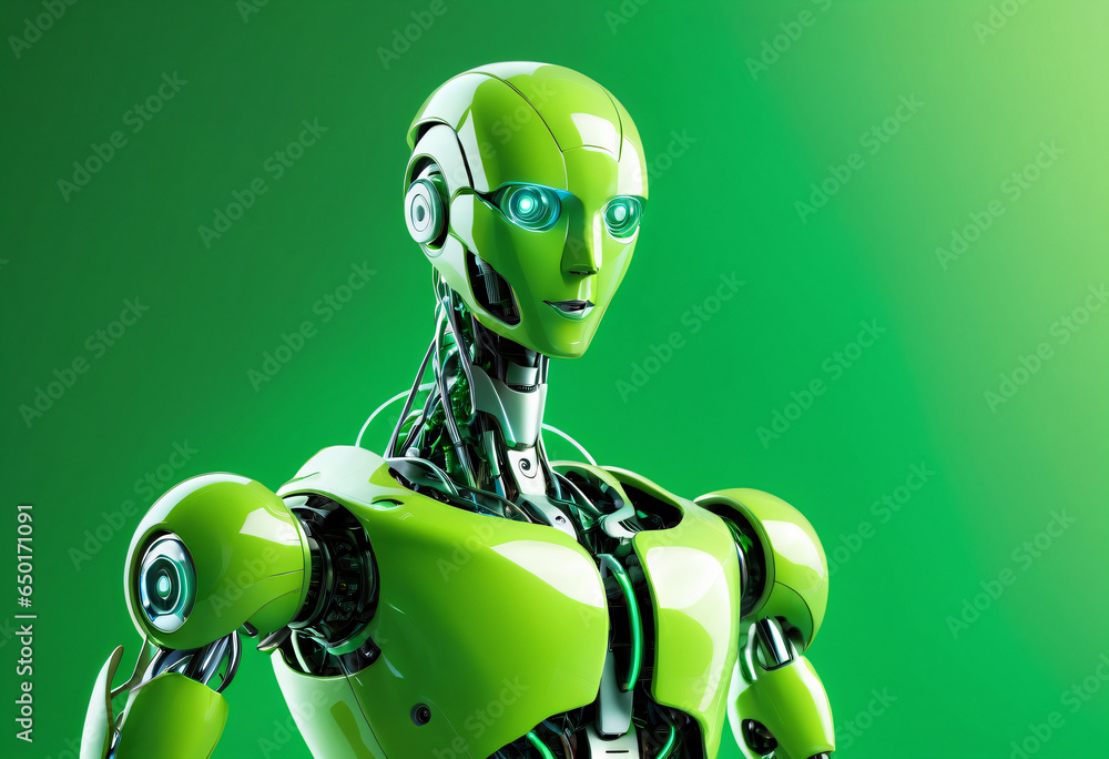 Advanced Robotics Display, 3D Rendered Robot in a Vibrant Green Setting ...