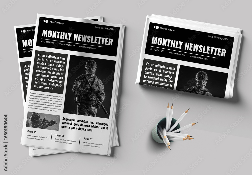 Black & White Monthly Newsletter Design Stock Template | Adobe Stock