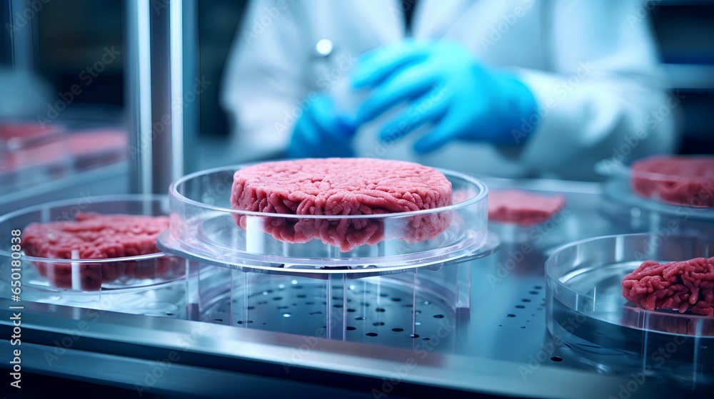 A detailed image of a laboratory setting where cultured meat is being ...