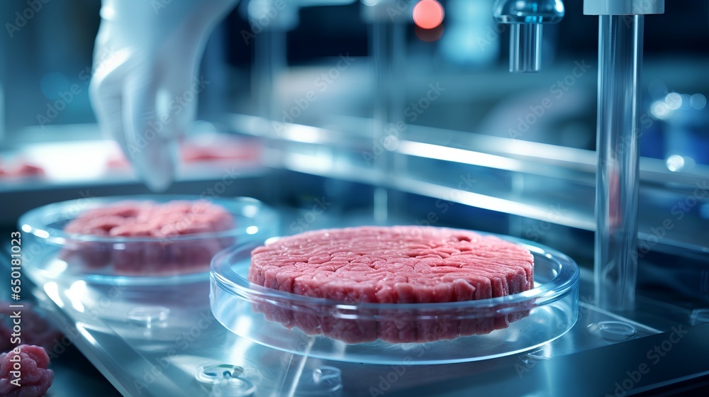 Lab-grown meat in a sterile laboratory setting. The image highlights ...