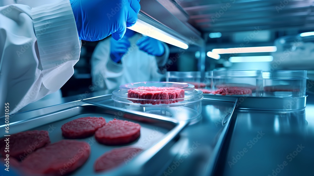Lab-grown meat in a sterile laboratory setting. The image highlights ...