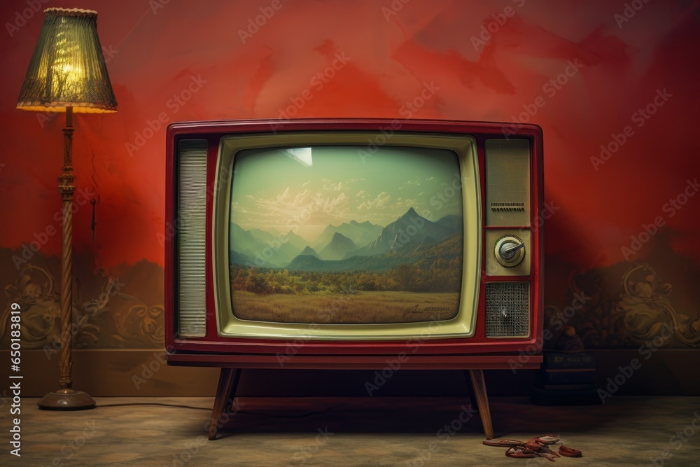 An antique television with a unique painting displayed on the screen ...