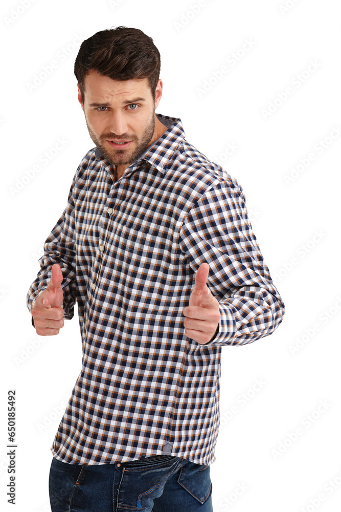 Man, face and finger gun in studio for fashion and trendy clothes ...