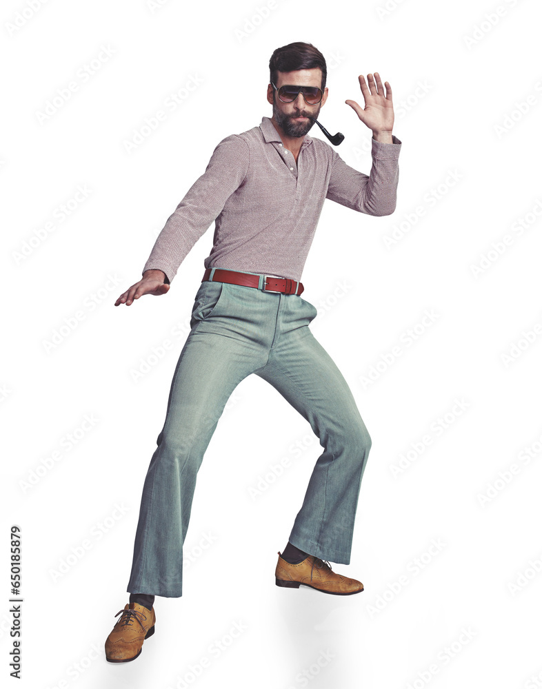Retro, fashion and man in portrait dancing in disco with 70s, pipe and ...