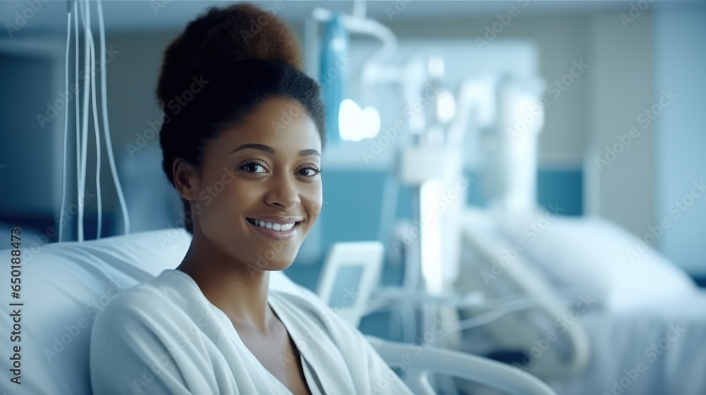 Happy young African American woman patient on a bed in a hospital room ...
