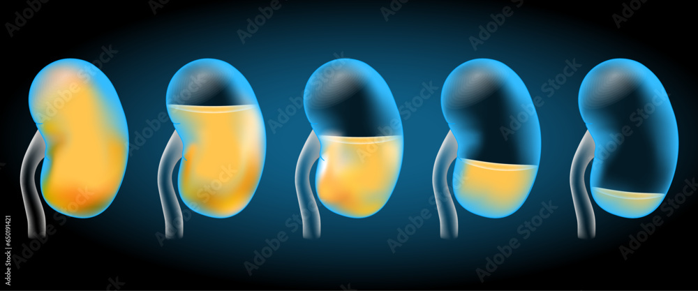 Kidneys and urine. Realistic transparent blue kidney on dark background ...