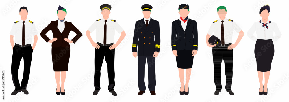 Set of aircraft crew staff and team members characters standing ...