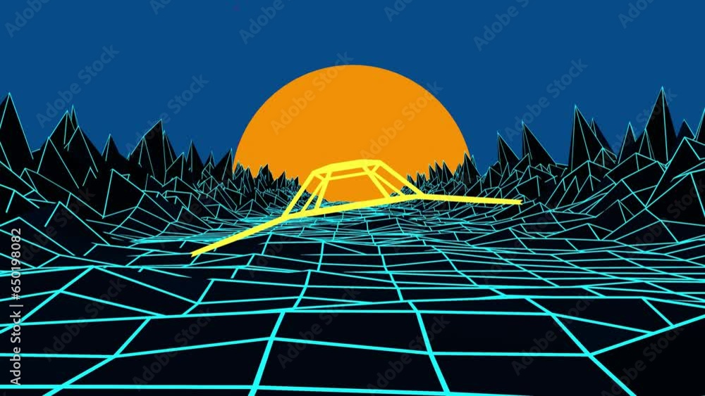 Seamless loop retro 1980s animation with starship silhouette flying ...