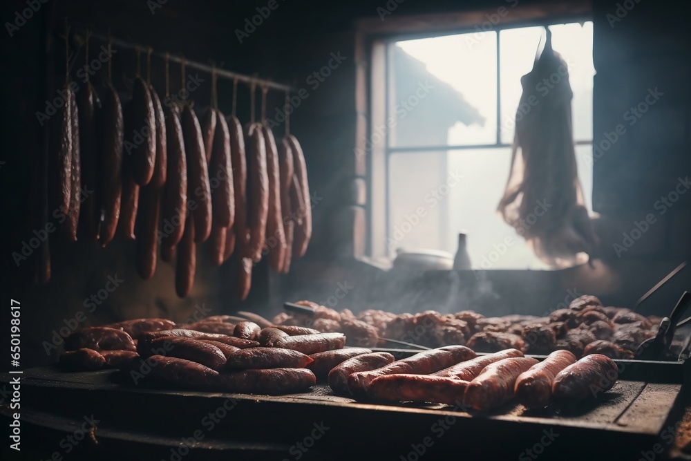 Traditional smokehouse filled with meat and sausages. Dark food ...