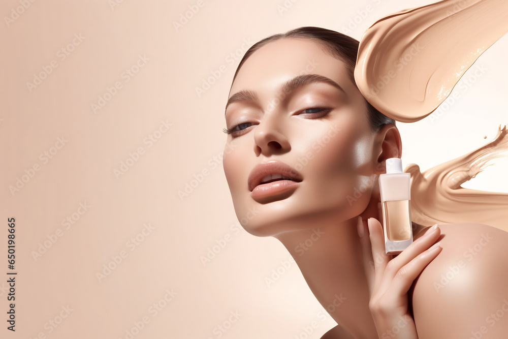 Bottle of makeup foundation and samples on beige background. Cosmetic ...
