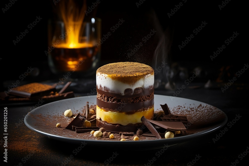 Dessert with three layers chocolate mousse. Exclusive delicacy for ...