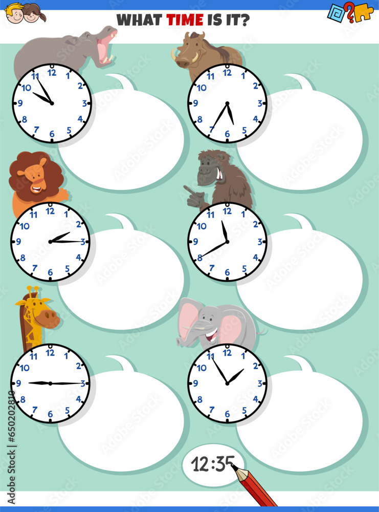 telling time educational activity with cartoon animals Stock Vector ...