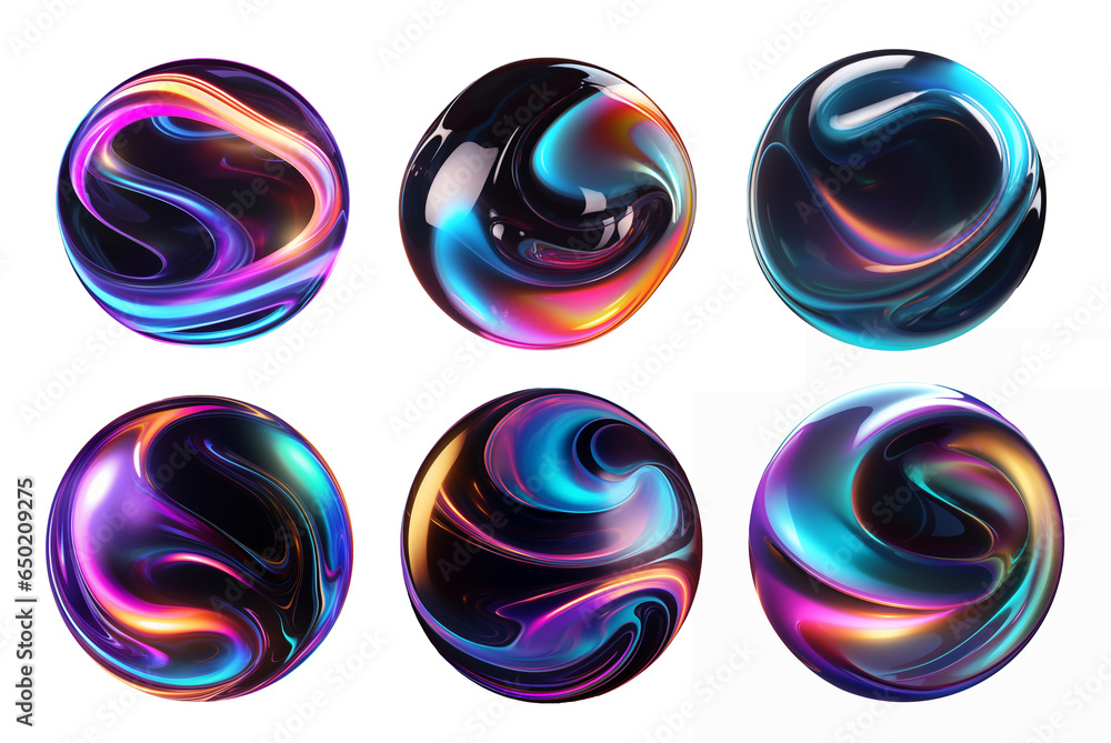 Bold iridescent wavy sphere blob shape isolated set. Colorful liquid ...