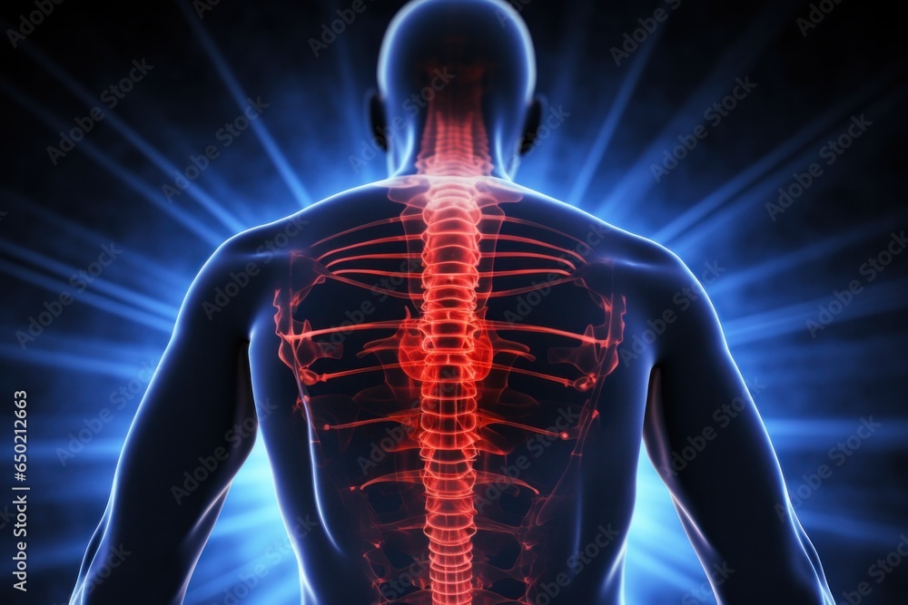 Lower back pain highlighted in blue and red. Person with back pain ...