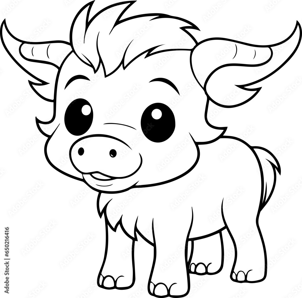 a cartoon, a cute (Buffalo) coloring page, black and white image Stock ...