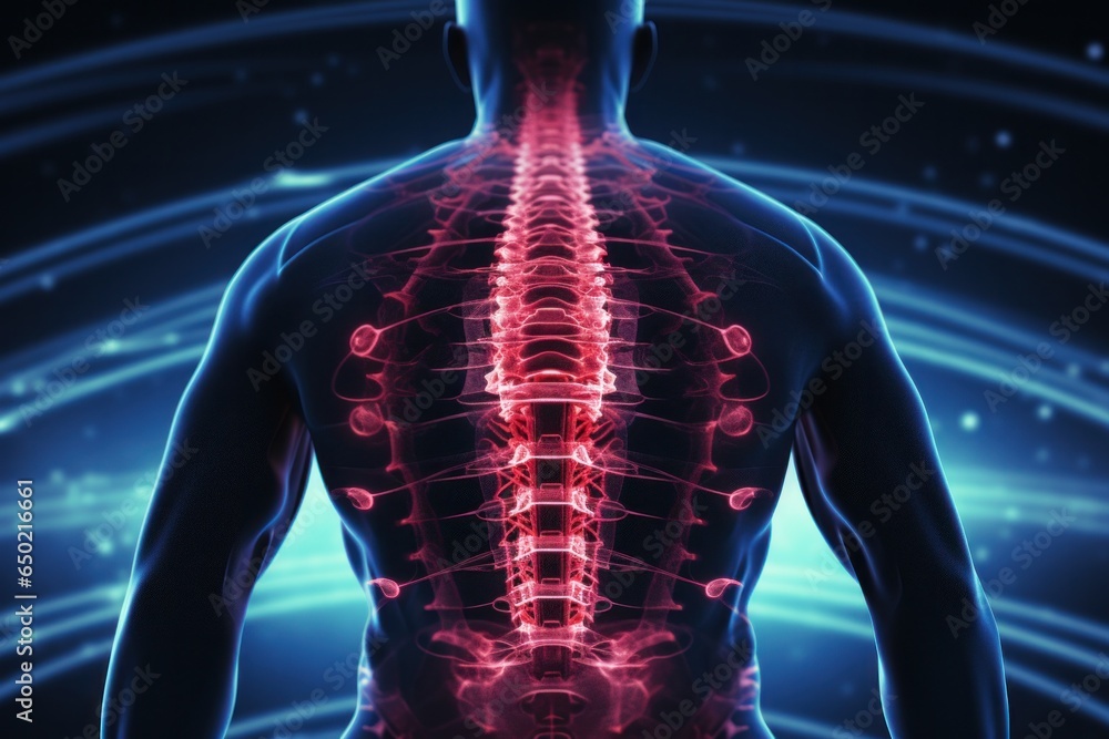 Lower and upper back pain highlighted in blue and red. Person with back ...