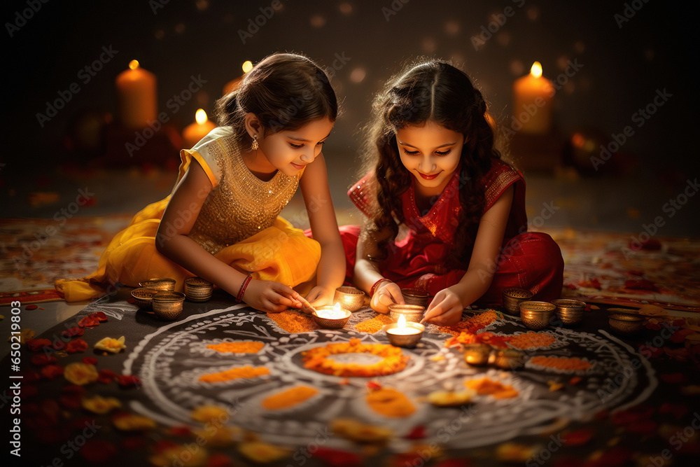 Two indian little girl making rangoli on diwali festival Stock Photo ...
