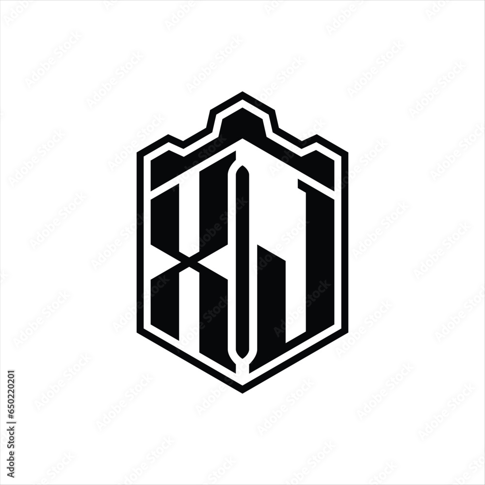 XJ Letter Logo monogram hexagon shield shape crown castle with outline ...