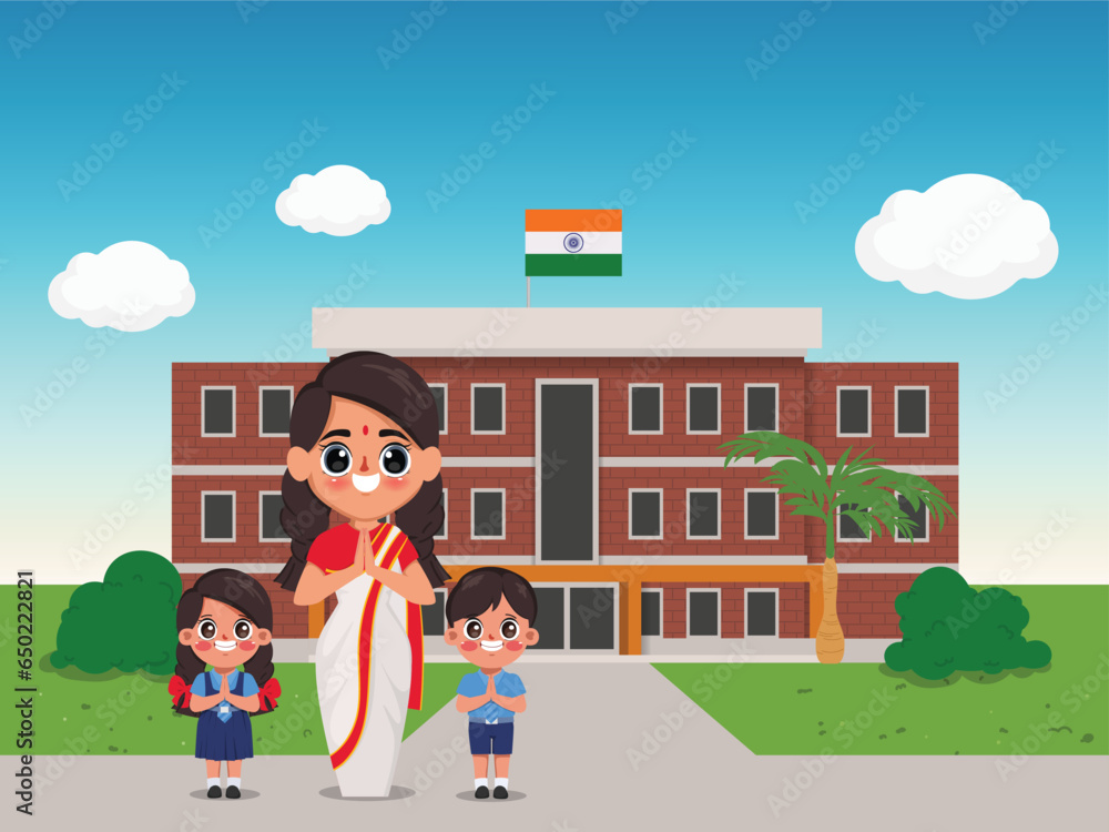 Cute cartoon indian kid student and teacher doing namaste and greeting ...