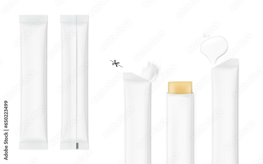 Blank stick package bag mockups set with samples. Front and rear view ...