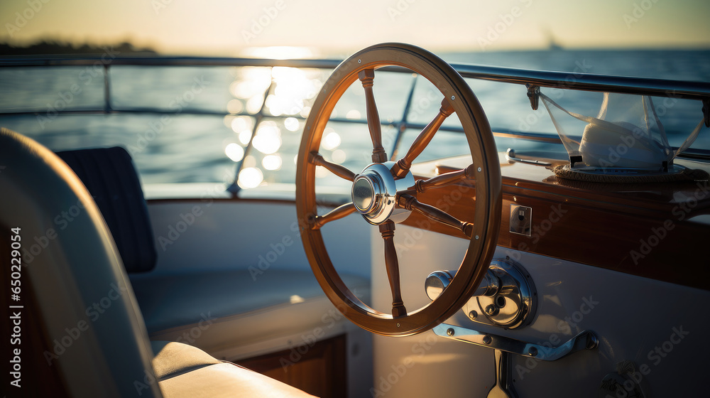 Generative AI, yacht helm, steering wheel, ship deck, stern, sea ...