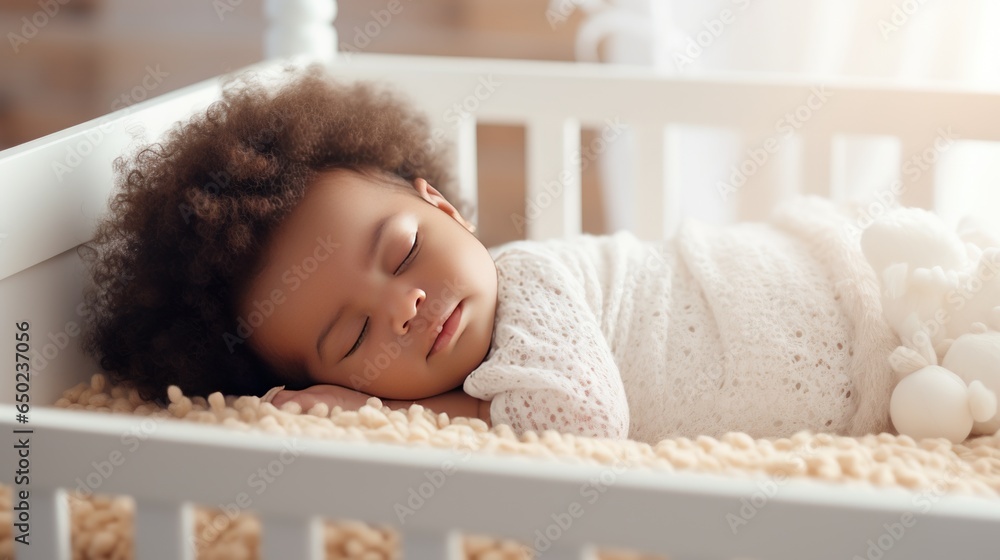 Cute african american little girl sleeping in crib at home Stock Photo ...
