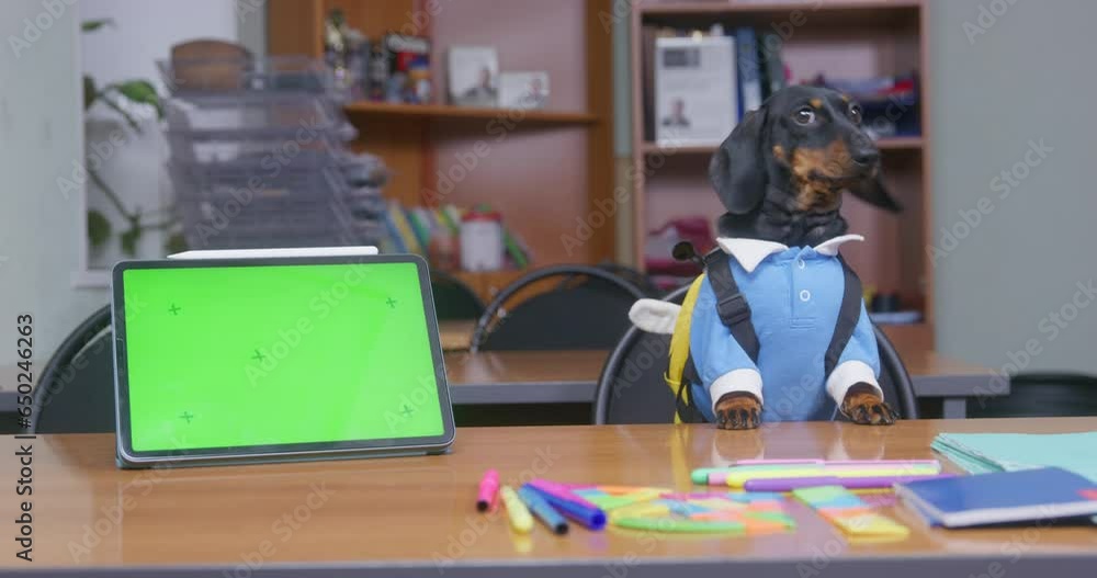 Diligent pupil dog dachshund in school uniform, excellent student sits ...