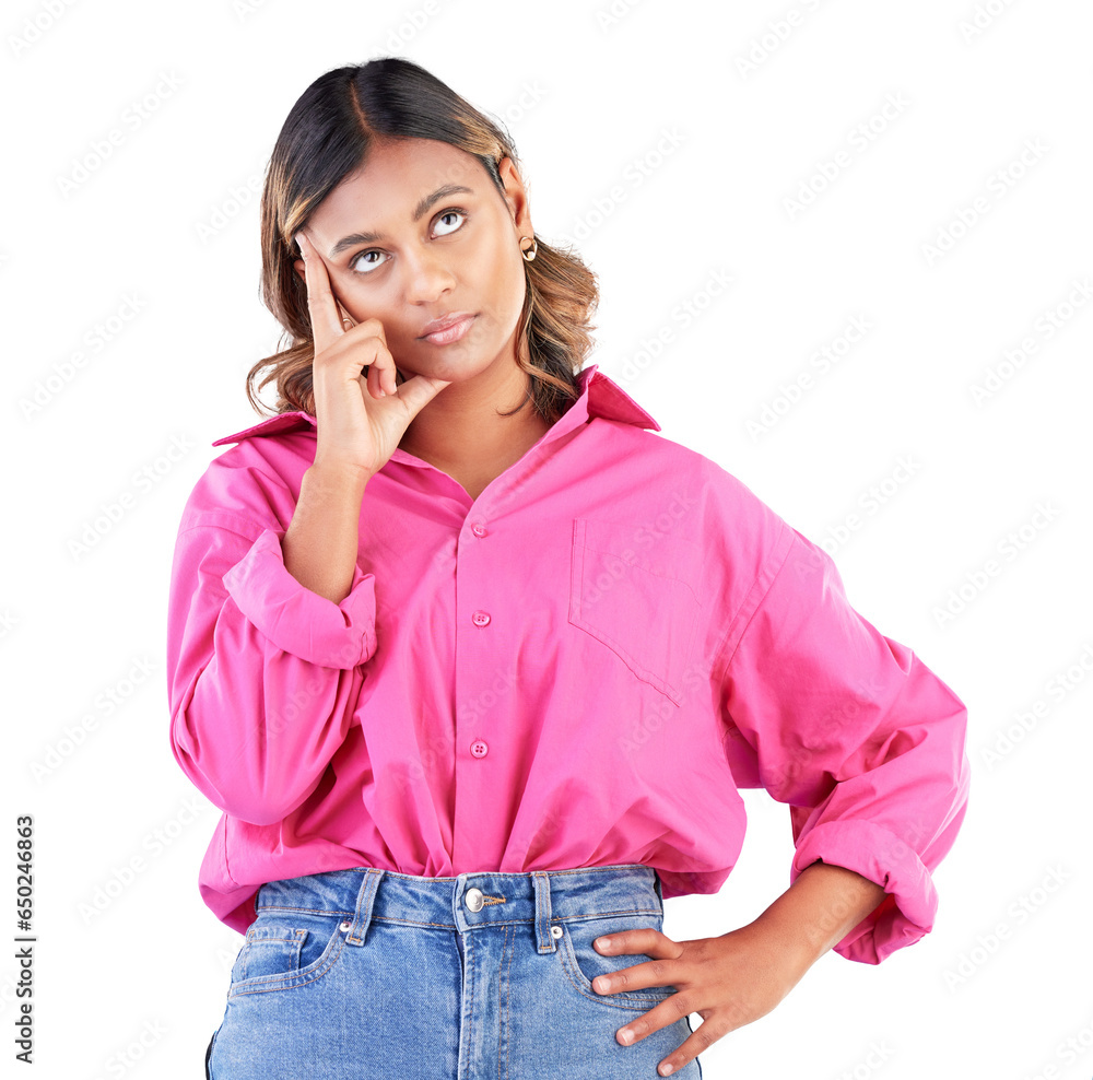 Thinking, face and frustrated woman rolling eyes with attitude on ...