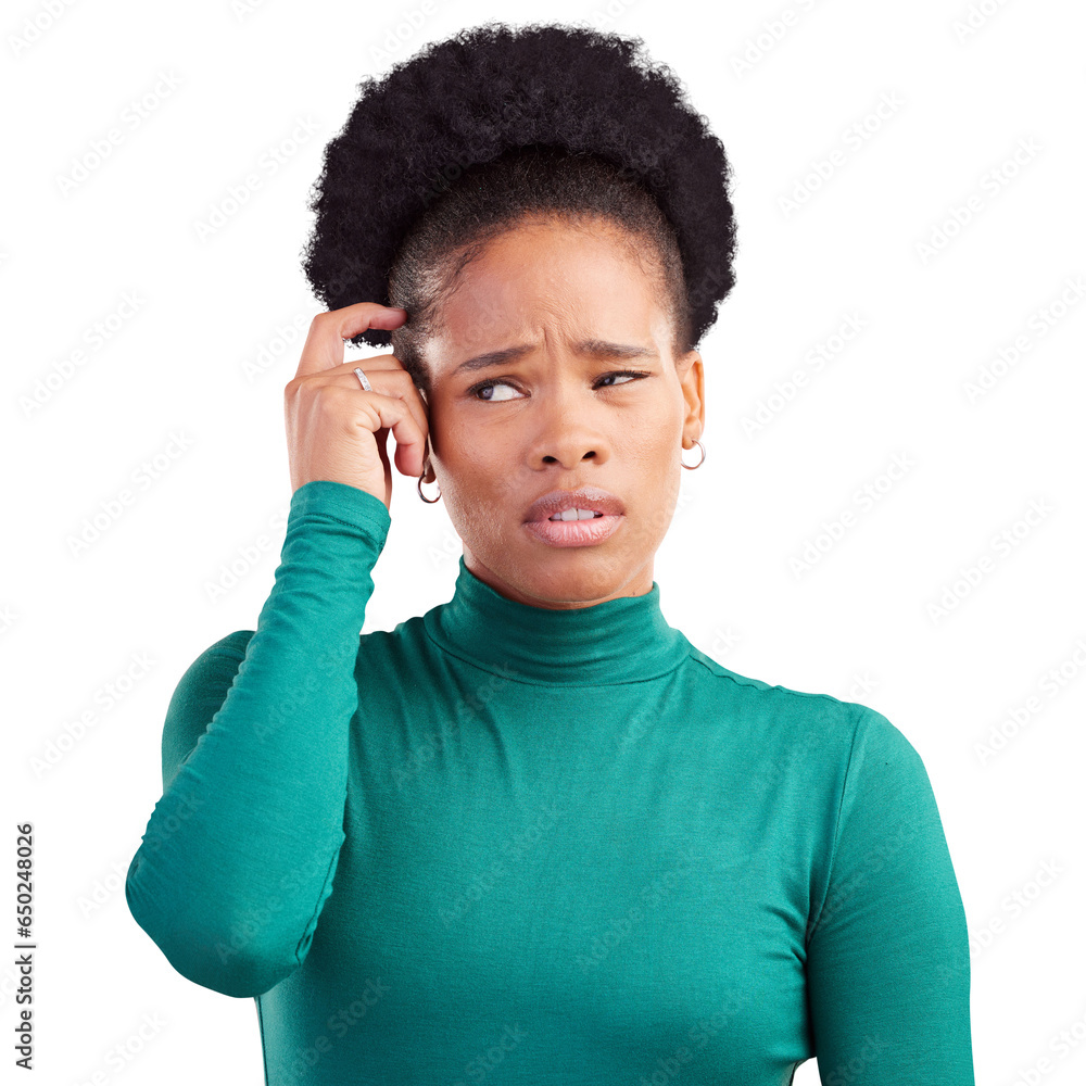 Thinking, confused and young black woman with idea face for scratching her head with question ...