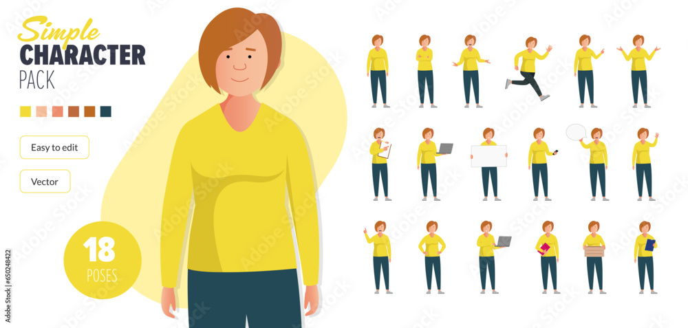 Vecteur Stock Simple flat female vector character in a set of multiple ...
