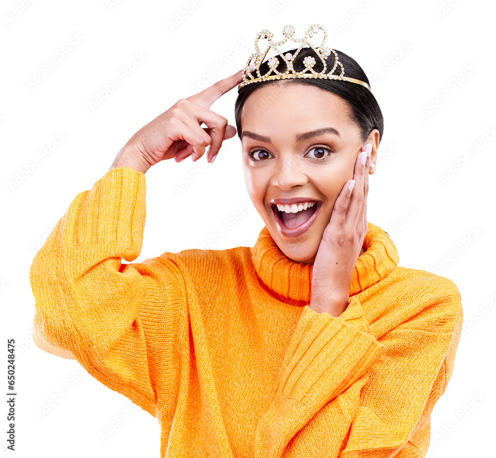 Princess, crown and portrait of woman pointing with dress up and ...