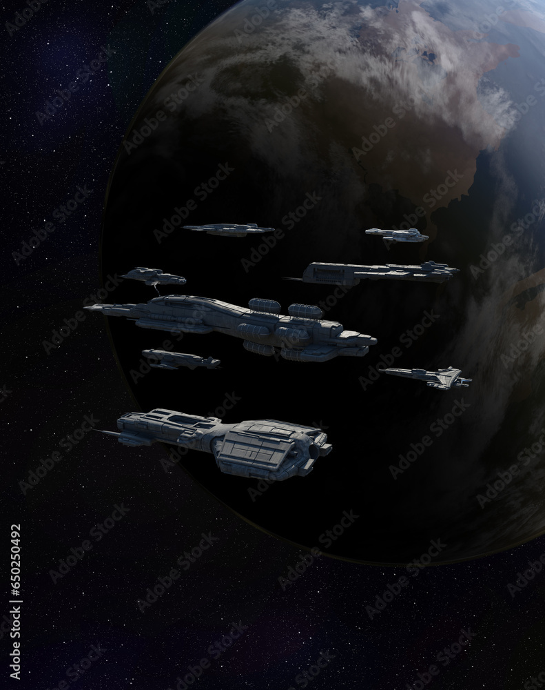 Deep Space Battle Fleet Assembly above an Alien Planet, 3d digitally ...
