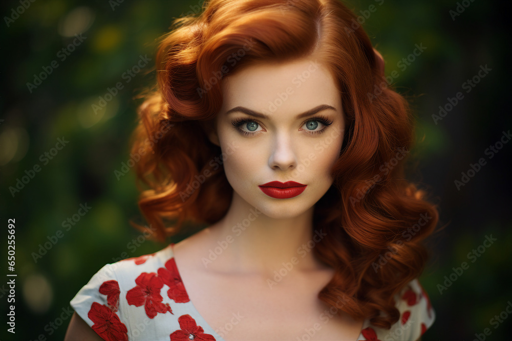 Generative Ai portrait of young pretty glamorous pinup style woman red hair fashionable look ...
