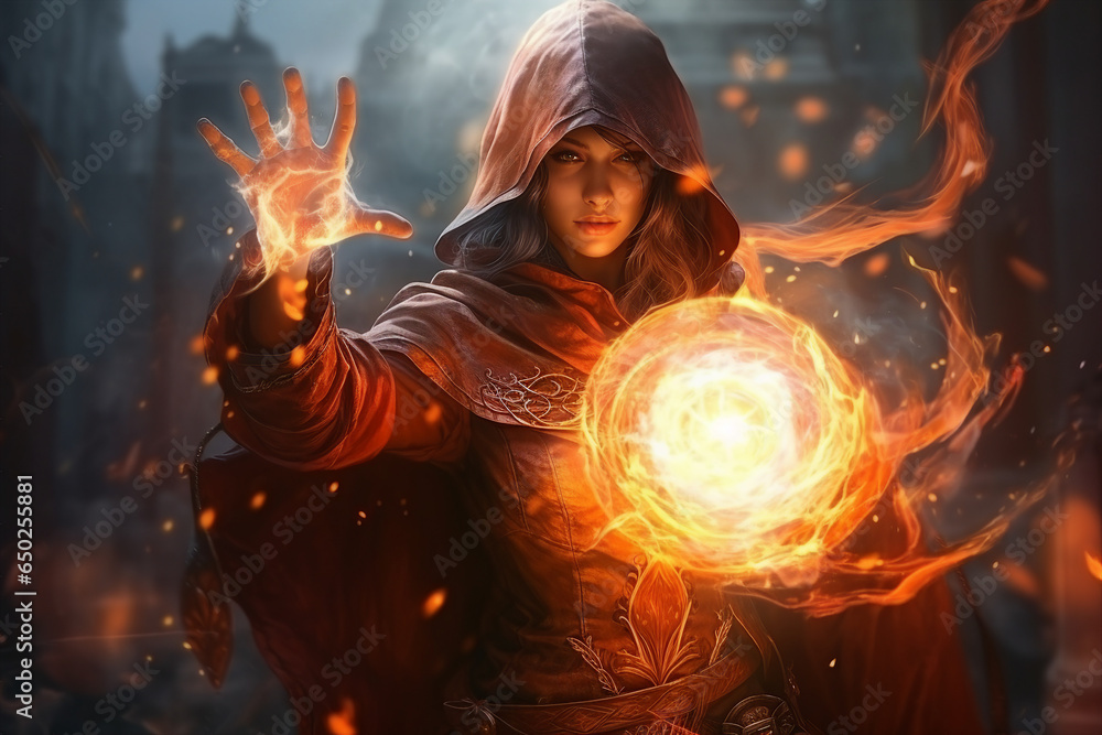 Generative ai collage picture of medieval wizard using dark magic fire ...