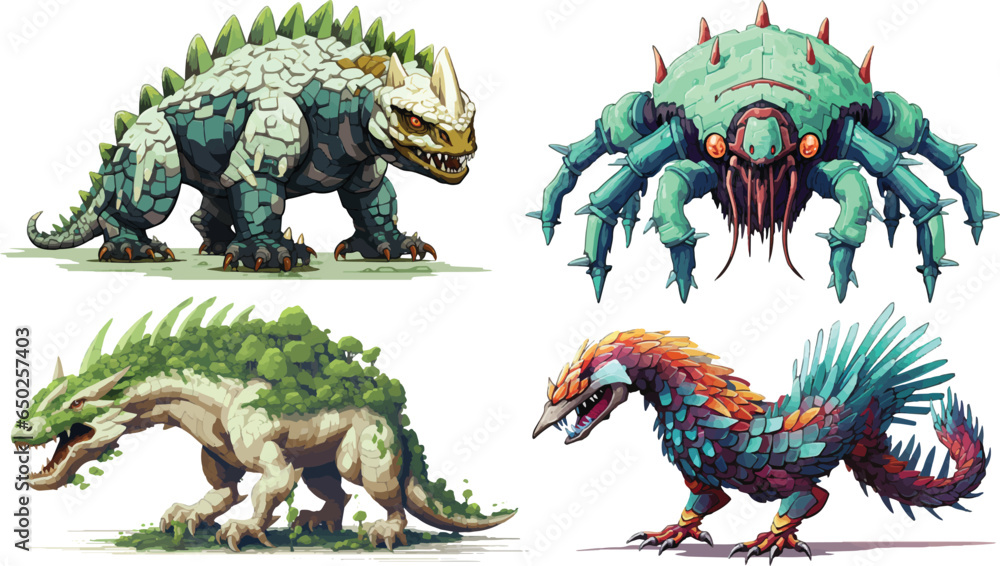 Bio-Engineering Creature Monster Boss in 2D RPG Gaming Style Set of ...