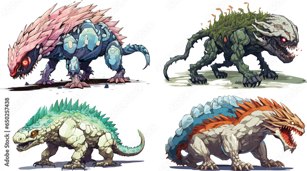 Bio-Engineering Creature Monster Boss in 2D RPG Gaming Style Set of ...