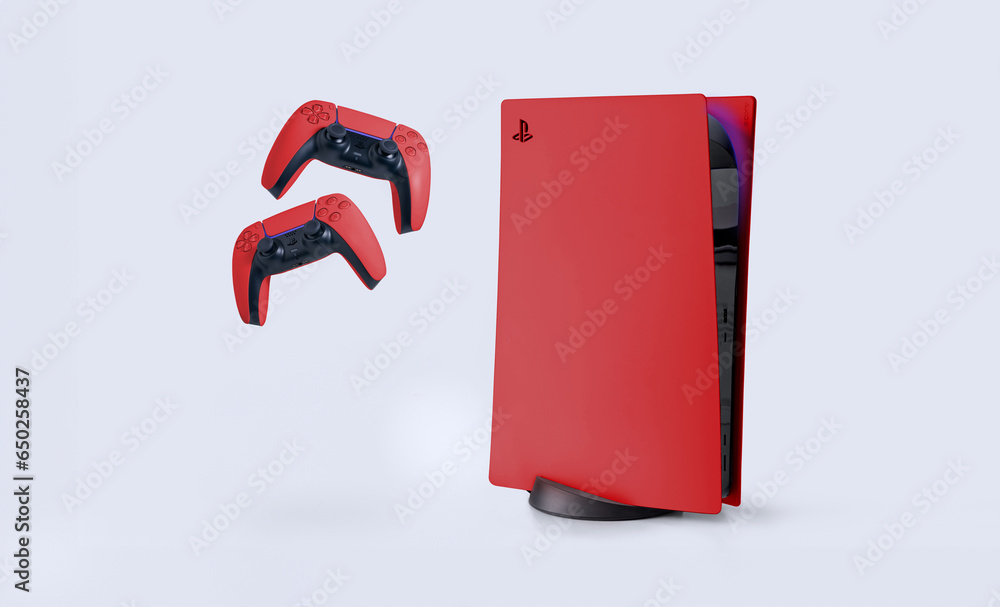 Red Playstation 5 and Dual Sense controllers - 3D illustration, 20 Sep ...