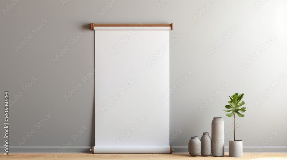 Mockup of a white paper roll hanging on the wall side view with a ...