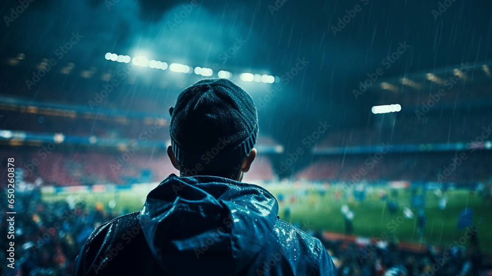 Back view of football fan watching soccer game. Dramatic lighting. Rain ...