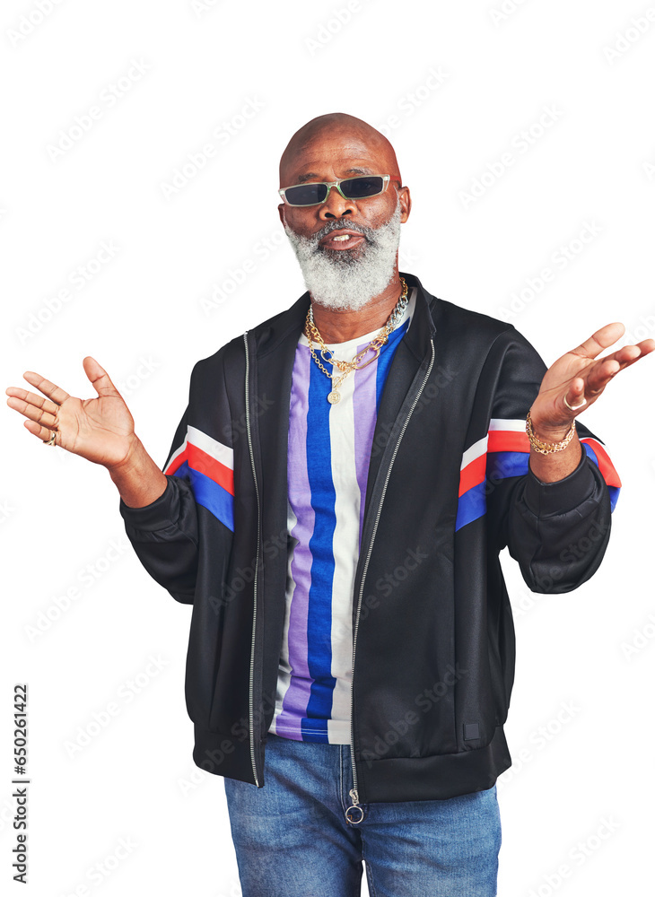 Portrait, shrug and senior man with fashion, artist and funky ...