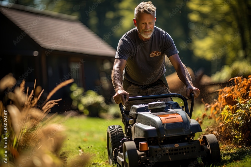 Garden Grooming: The lawnmower takes center stage in the backyard, a ...