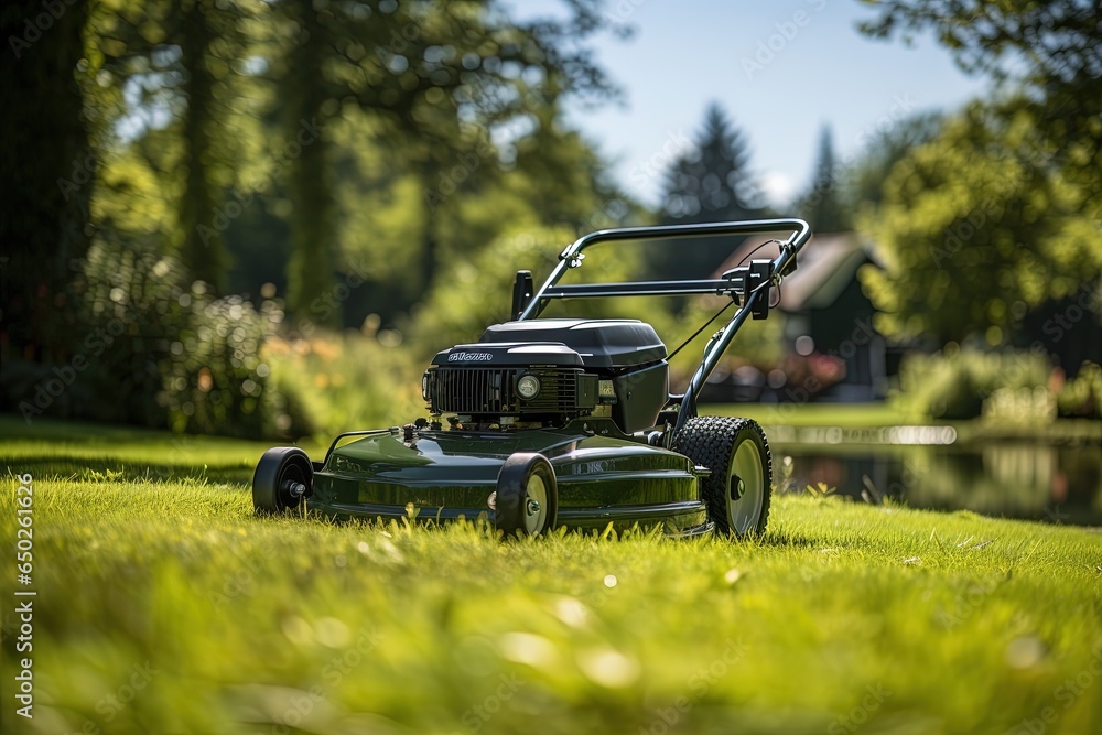 Garden Grooming: The lawnmower takes center stage in the backyard, a ...