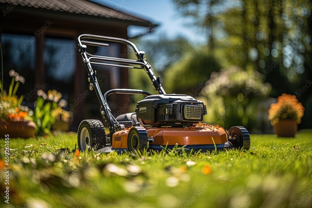Mowing Day: The lawnmower stands as a silent sentinel in the backyard ...