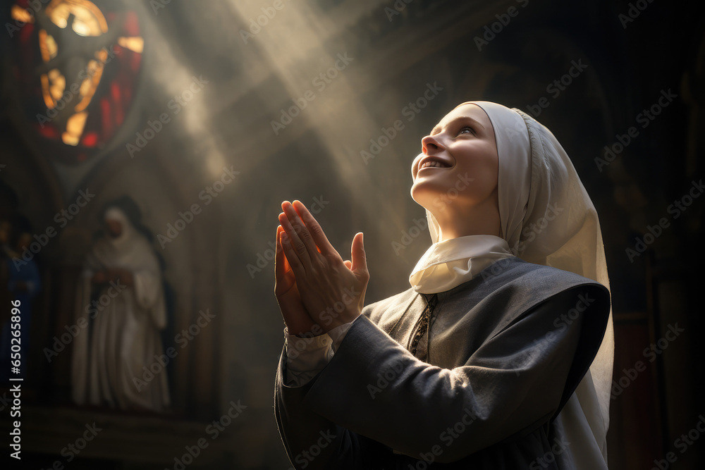smile happy nun in traditional clothes praying to god in a church Stock ...