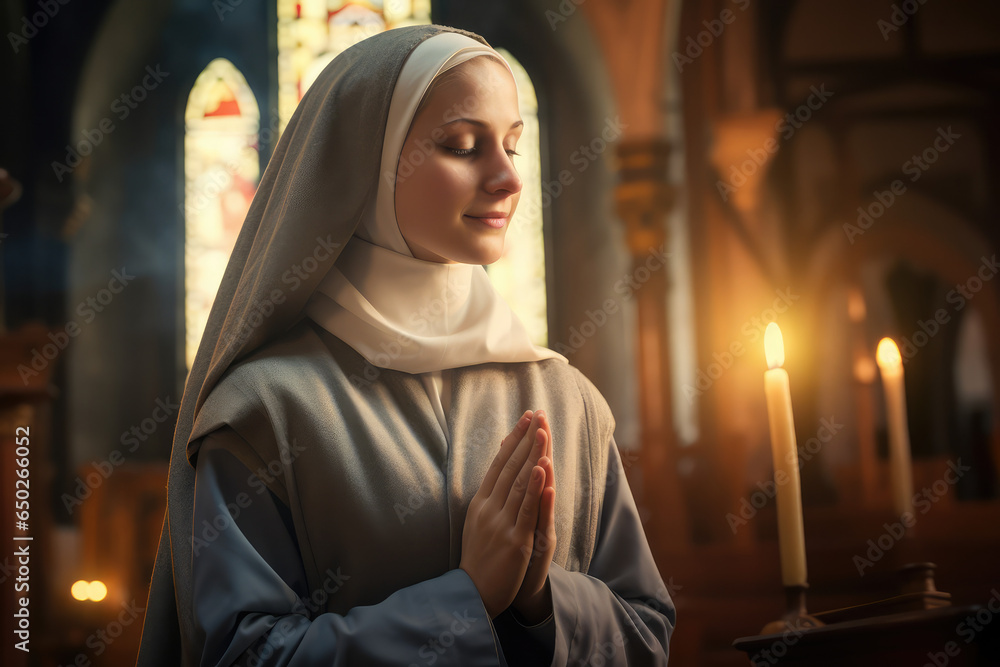 smile happy nun in traditional clothes praying to god in a church Stock ...