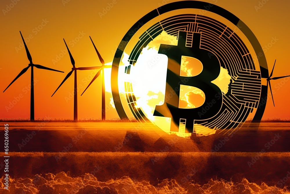 Clean energy from wind turbines is used for crypto-currency mining. It ...